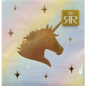 Whimsical Pastel & Gold Unicorn Paper Beverage Napkins | Perfect for Birthday & Baby Shower | 5"x5" size folded | 40 ct