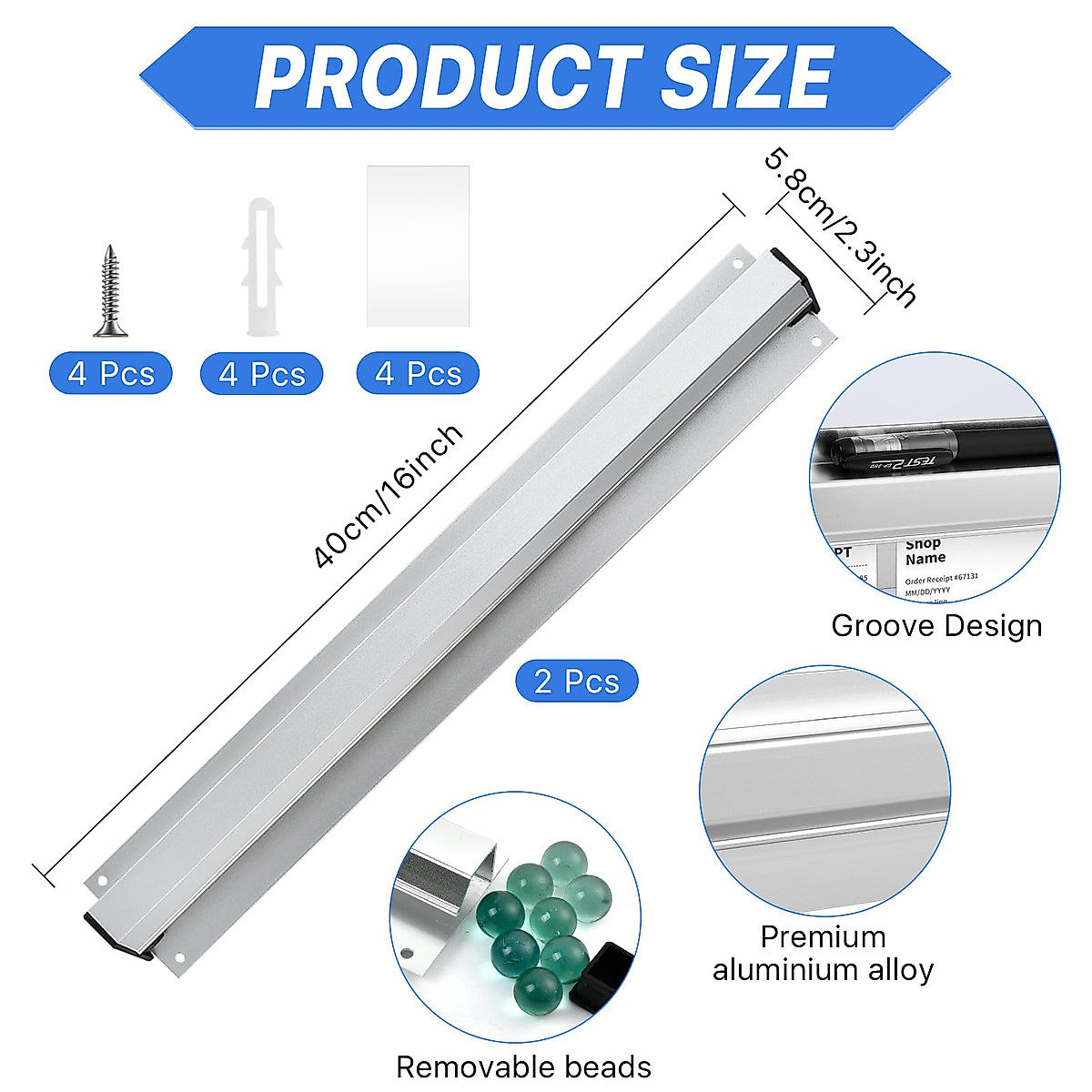 Elesunory 4 Pcs Ticket Holder for Restaurant, Receipt Holder for Restaurant, Keep Orders Organized, 16 in Sliver Aluminum Slide Check Rack and 5.5 in Receipt Spike for Kitchen Office Cafes Bar