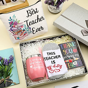 Newtay Teacher Appreciation Gifts Thank You Teacher Gifts Basket,12 oz Wine Tumbler Best Teacher Makeup Pouch Bag Keychains Teacher Socks for Teacher Appreciation Supplies (Big Heart)