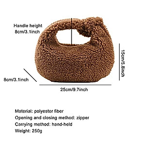Women Plush Dumpling Bags,Faux Fur Top-Handle Bag with Pure Color+Zipper,Autumn and Winter Evening Bags (Color : Brown, Size : 25x15x8cm)