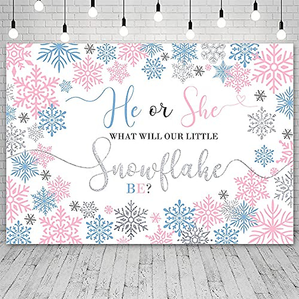 ABLIN 8x6ft Snowflake Gender Reveal Backdrop He or She What Will Our Little Snowflake Be Theme Party Banner Blue Pink Snowflakes Photography Background Decor Photo Booth Props