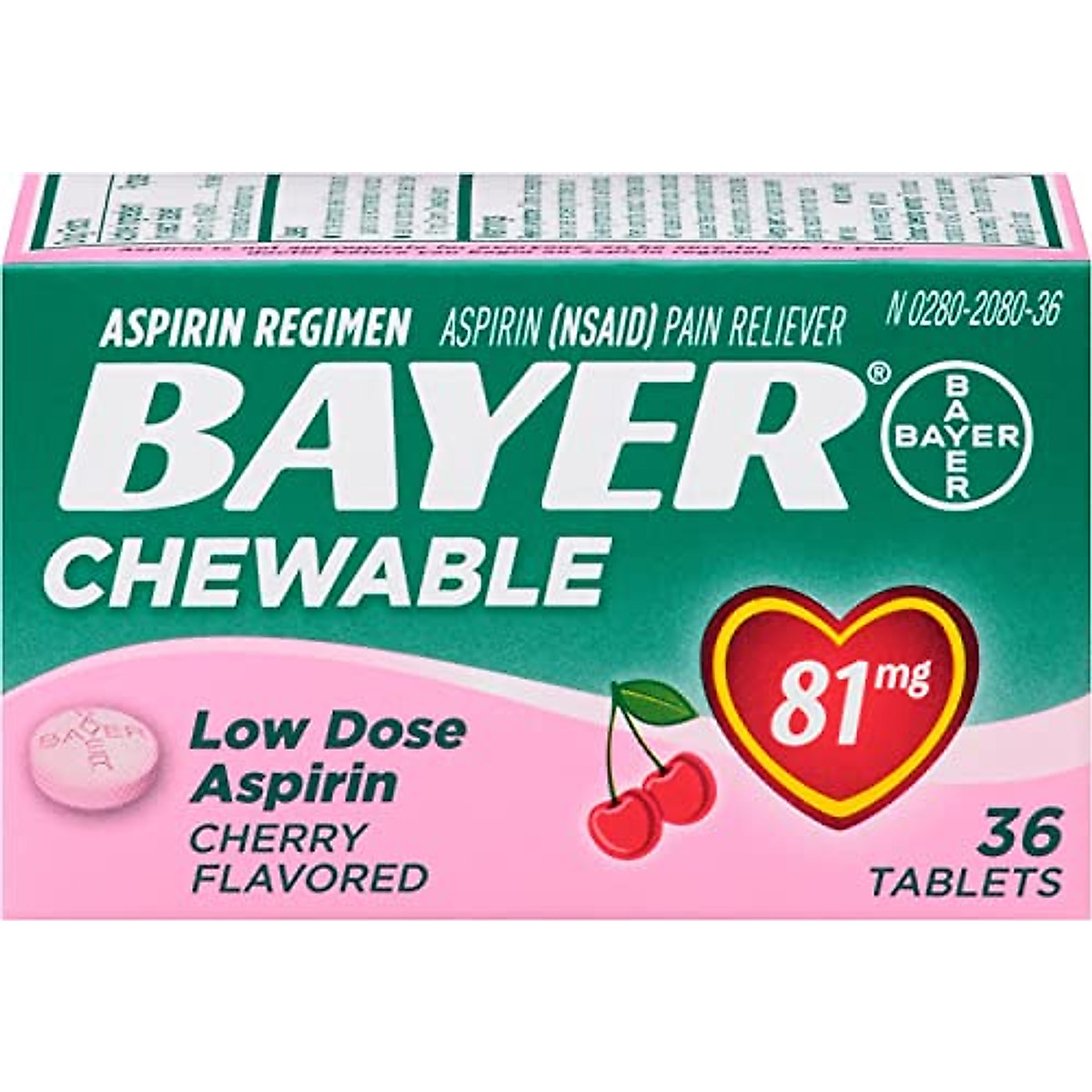 Bayer Chewable Low Dose Baby Aspirin Cherry Flavor 36 Tablets - 2 Pack