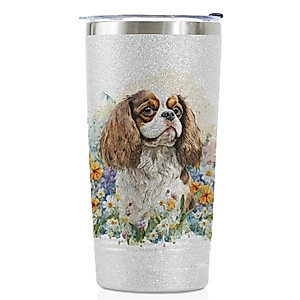 Onebttl King Charles Cavalier Gifts for Women/Men, Unique 20oz Cavalier Glitter Tumbler with Lid and Straw, Cavalier King Charles Spaniel Gifts for Birthday, Christmas