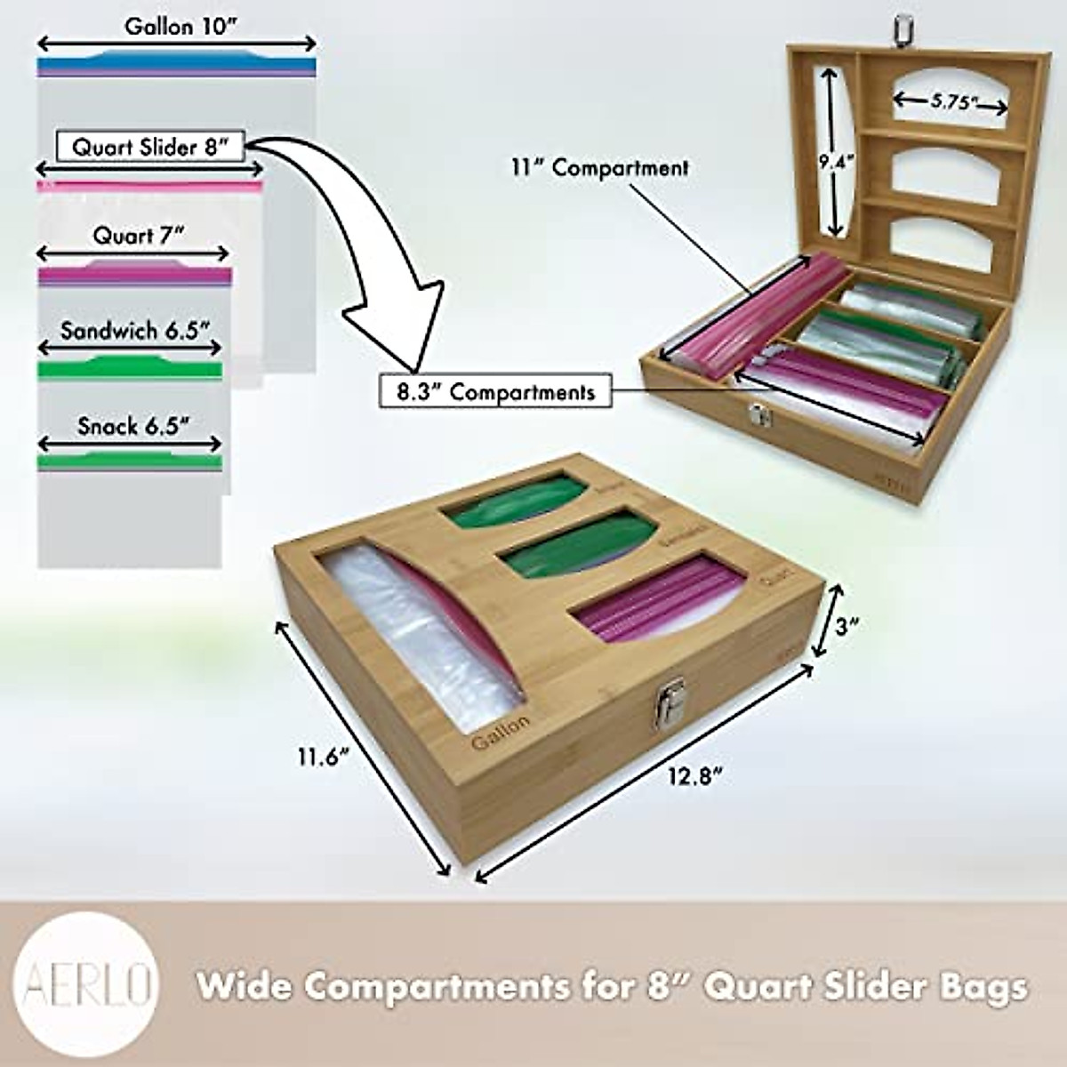AERLO Bamboo Bag Storage Organizer and Dispenser - Large Size for USA Quart, Gallon, Sandwich and Snack Bags - Kitchen Drawer or Pantry Wooden Baggie Container - No Assembly Required (Natural Bamboo)
