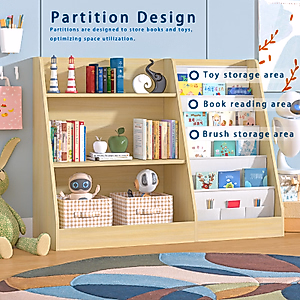 Arbuxzuy Kids Bookshelf and Toy Storage, 3 Tier Wooden Kids Bookcase with Storage, Floor-to-Ceiling Baby Book Organizer with Sling, Children Book Rack for Playroom, Classroom, Nursery, Natural