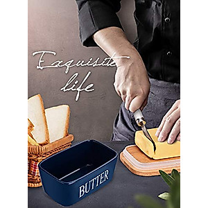 AISBUGUR Large Butter Dish with Lid Ceramics Butter Keeper Container with Knife and High- quality Silicone Sealing Butter Dishes with Covers Good Kitchen Gift Blue