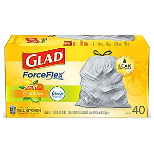 GLAD ForceFlex Tall Drawstring Trash Bags, 13 Gallon Grey Trash Bags for Tall Kitchen Trash Can, Citrus & Zest with Febreze Freshness to Eliminate Odors, 40 Count - Packaging May Vary