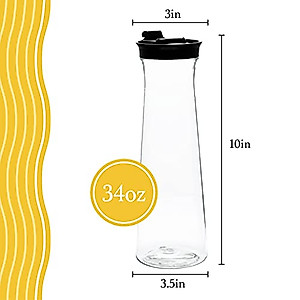Clear Plastic Water Pitchers Carafes with Flip top Black Lids 34 OZ Heavy Duty Beverage Pitcher Jug for Juice or iced Coffee Great for Mimosa bar Restuarants ot Schools Pack of 2