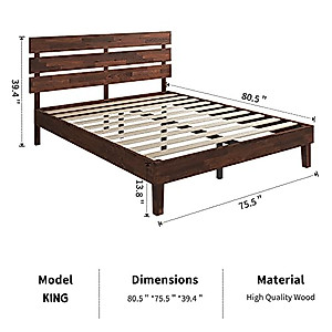 Crisinant Wood Bed Frame with Headboard/Solid Wooden Platform Bed/Sturdy Wood Foundation/No Box Spring Needed/No Noise / 14 Inch, King
