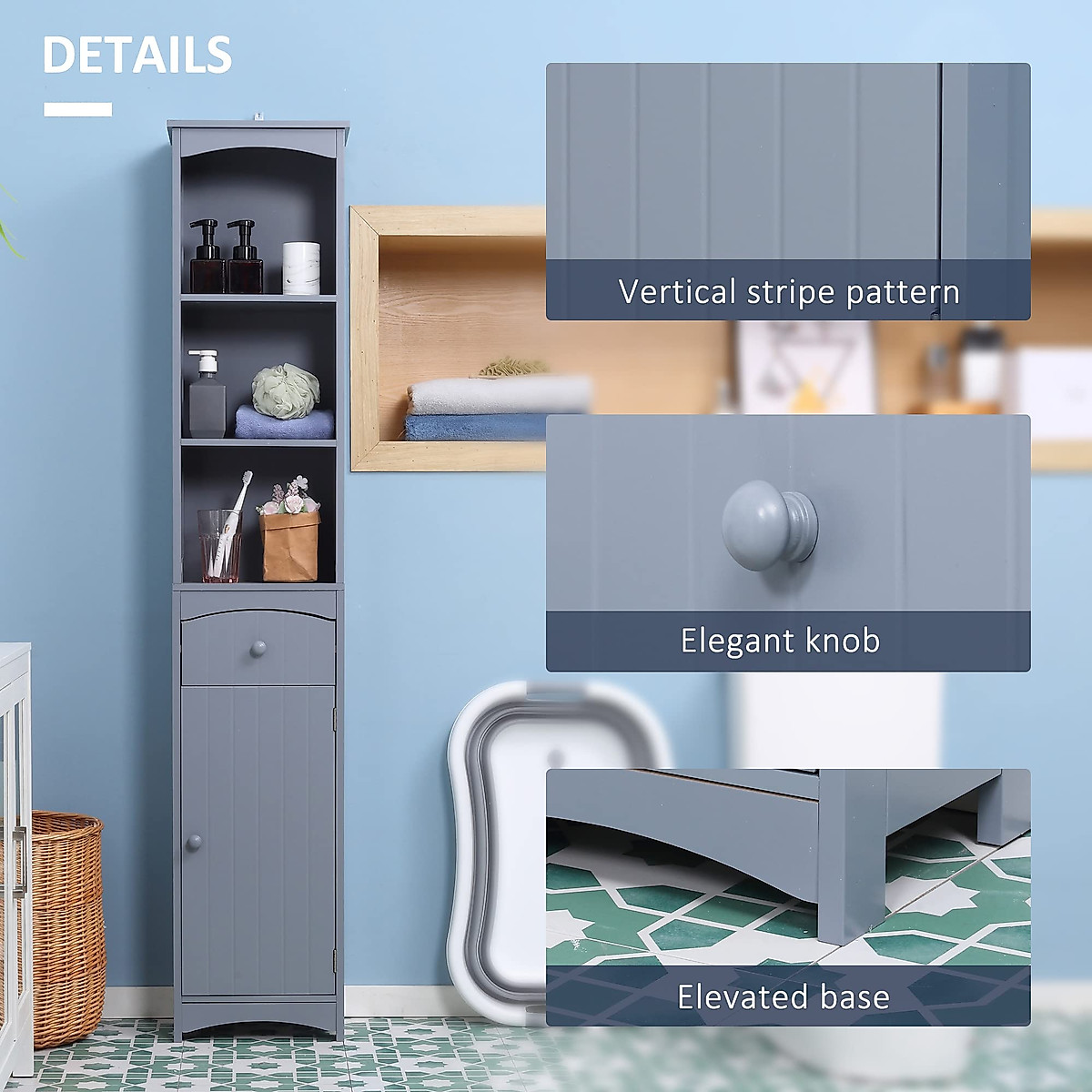 HOMCOM Bathroom Storage Cabinet, Free Standing Bathroom Storage Unit, Tall Linen Tower with 3-Tier Shelves and Drawer, Grey