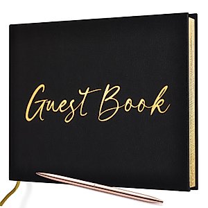 JUBTIC Black Guest Book for Funeral, Guest Sign in Book for Reception,Wedding,Baby Shower, Birthday, Bridal Shower, Graduation Party,100 Pages with Gilded Edges and Gold Foiled Cover - 7x10″