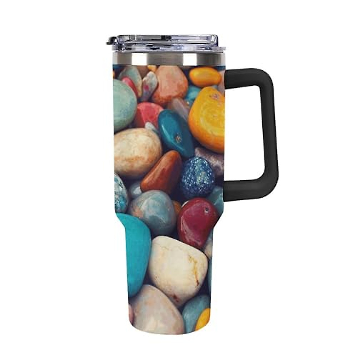 LLUTSNTH 40 Oz Vacuum Tumbler with Black Handle Leakproof Insulated Tumbler Colored Stones Stainless Steel Travel Mug with Lid And Straw Coffee Cup Cute Water Bottles Cup Holder Friendly