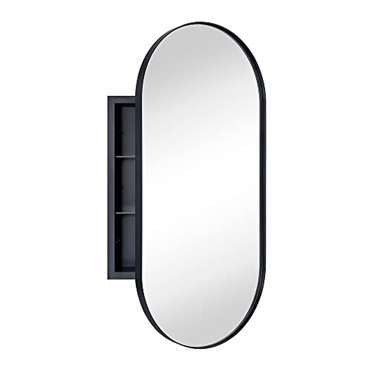 VANA NALA Matt Black Oval Recessed Bathroom Medicine Cabinet with Mirror Stainless Steel Metal Framed Oblong Pill Shaped Bathroom Cabinet with Mirror 16x33''