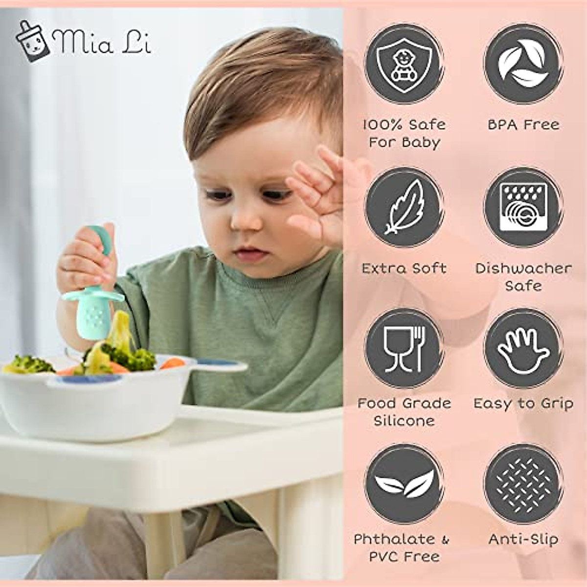 Mia Li Toddler Utensils Set - First Training Self Feed Silicone Baby Utensils - Bpa Free Anti-Choke Baby Spoon and Toddler Fork Utensils Set -100% Food Grade Toddler Spoons and Forks