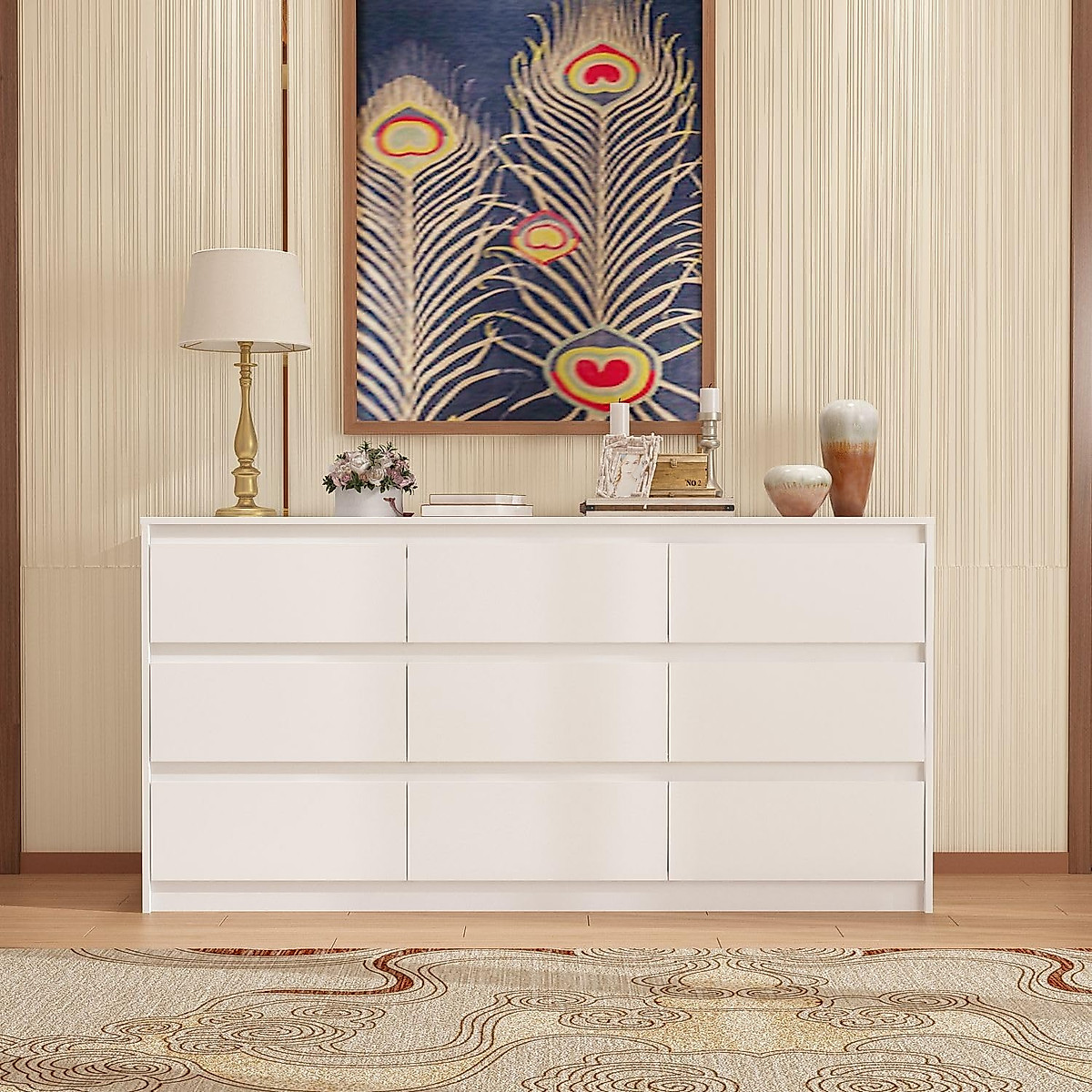 FAMAPY Chest of Drawers White Dresser No Handle, Modern 9 Drawer Dresser, Contemporary Style, 9-Drawer Cabinet Dresser for Bedroom (63" W x 15.7" D x 31.5" H)