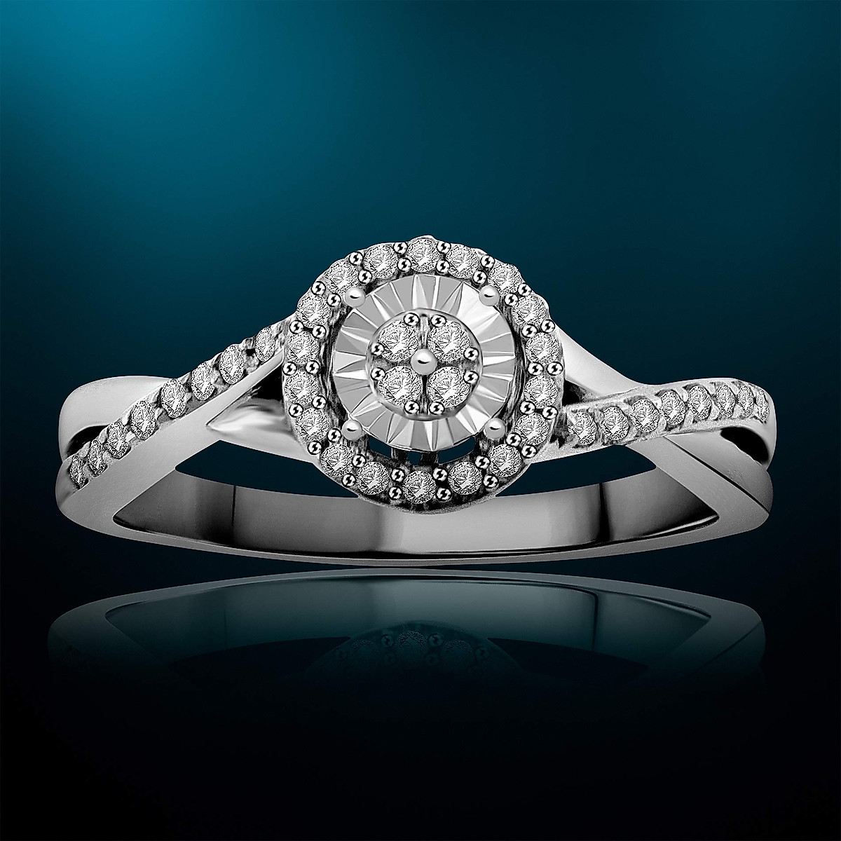 NATALIA DRAKE 1/4 Cttw Diamond Twist Round Halo Promise Ring for Women in Rhodium Plated 925 Sterling Silver Size 8 Color H-I/Clarity I1-I2