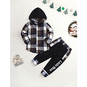 Axumity Toddler Boy Clothes Hoodie Sweatsuit Outfits Kids Flannel Plaid Shirt Top Colorblock Pants Set for Fall Winter Spring(3-4t)