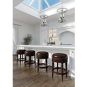 Maven Lane Pullman 26 Inch Tall Counter Height Upholstered Backless Barstool in Dark Walnut Finish with Vintage Brown Vegan Leather Cushion Seat