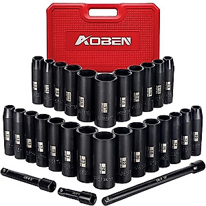 AOBEN 1/2-Inch Drive Impact Socket Set, 29 Pieces, 6 Point, SAE/Metric, (3/8" - 1", 10mm - 24mm), Deep, Cr-V Steel, Includes 3", 5", 10" Extension bars