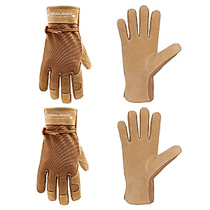 HLDD HANDLANDY Womens Leather Work Gloves, 2 Pairs Cowhide Gardening Gloves Breathable Utility Work Gloves for Driver, Mechanics, Construction, Yardwork (Medium, Brown)…