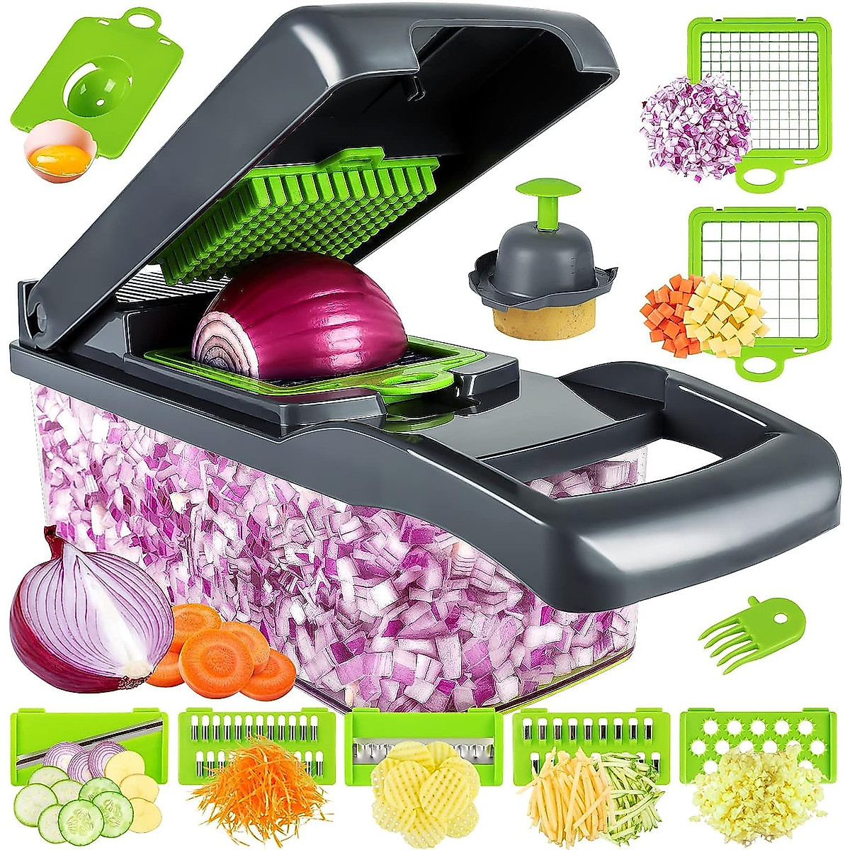 16-in-1 Vegetable Chopper, 8 Blades Veggie Chopper, Practical Onion Chopper with Container, Cheese Slicer, Food Chopper, Salad Chopper, Mandoline Slicer & Cheese Grater For Kitchen(Grey)
