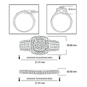 Cali Trove, 1/3cttw Baguette and Diamond Cluster Square Halo Engagement Ring with Matching Diamond Wedding Band for Women in 925 Sterling Silver, Women's Silver Square Halo Wedding Ring Set with