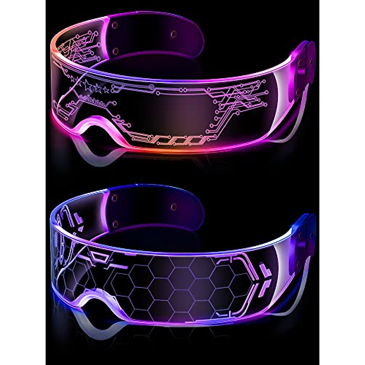 TOODOO 2 Pairs LED Visor Glasses 7 Colors Futuristic Glasses 4 Modes Light Up Glasses Honeycomb Luminous Glasses for Adults (Elegant Style)