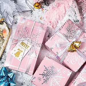 WRAPAHOLIC Christmas Wrapping Paper Roll - Mini Roll - 3 Rolls - 17 Inch X 120 Inch Per Roll - Pink with Silver Metallic Foil Snowflake, Plaid, Merry Christmas Lettering