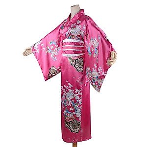 Women's Floral Print Traditional Japanese Kimono Goldfish OBI Blossom Costume Set Belt Robe