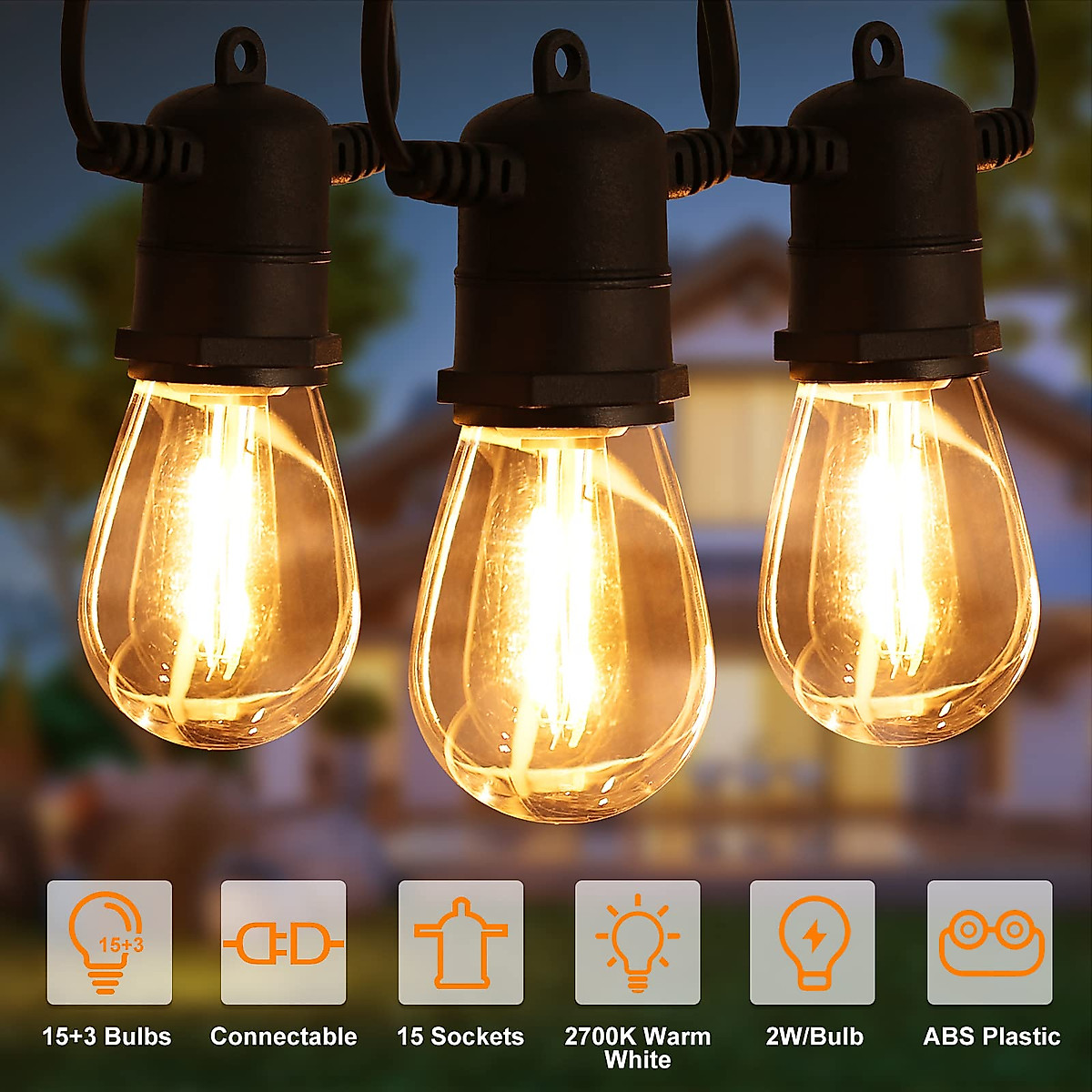 tomvorks Outdoor String Lights 48FT 15+3 ABS Plastic Bulbs, LED Lights Heavy-duty Patio Lights IP65 Waterproof, 2700K, 100LM Warm White Light, Decorative Cafe Patio Lights for Bistro Garden
