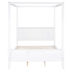 AMFSQJ Queen Size Canopy Bed Frame with Headboard and Footboard, White Canopy Platform Bed with Slat Support Leg