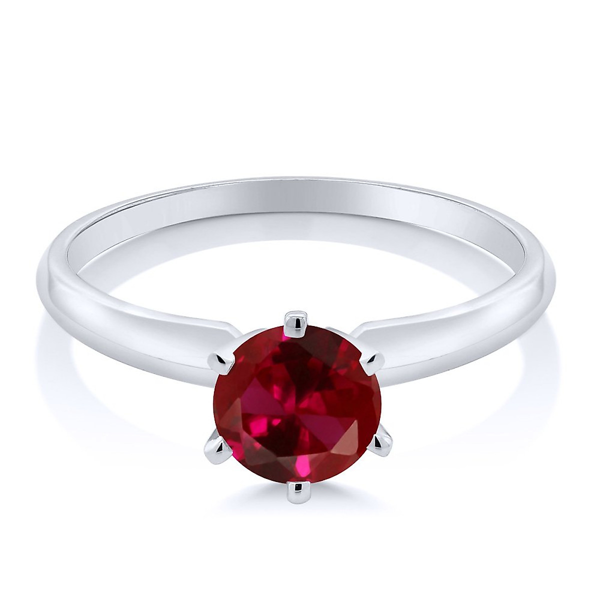 Gem Stone King 14K White Gold Red Created Ruby Women Engagement Solitaire 6-Prong Ring (1.00 Cttw, Gemstone Birthstone) (Size 7)