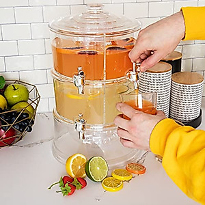 Mind Reader Beverage Dispenser with Ice Bottom 2 Tier 4 Section Stackable Holder with Lids, 10.15″ L x 10.15″ W x 13.75″ H, Clear