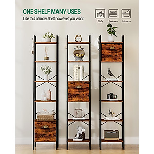 Hzuaneri Narrow Bookshelf Bookcase with Drawer, Ladder Shelf with 2 Hooks, Bookshelves Storage Organizer, Freestanding Display Standing for Home Office, Bedroom, 6 Tier Rustic Brown BC19601B