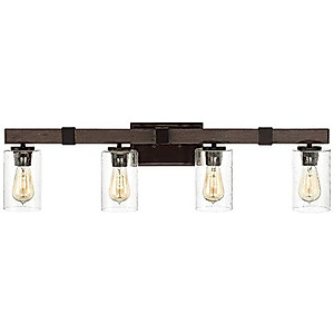Franklin Iron Works Poetry Industrial Farmhouse Rustic Wall Light Bronze Wood Grain Hardwired 34" 4-Light Fixture Clear Seedy Glass Shade for Bedroom Bedside Bathroom Vanity Living Room Hallway