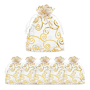 Organza Gift Bags, Drawstring Pouch, Gold Swirl Design for Wedding (120 Pack)