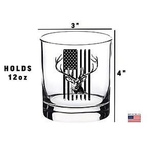 Rogue River Tactical USA Tattered Flag Buck Deer Hunting Old Fashioned Glass Drinking Cup Gift For Hunter