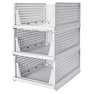 Homde Closet Organizer Stackable 3 Pack (16.73 x 13.11 x 7.36 inches) Clothes Organizer Foldable Plastic T-Shirt Storage Containers Large Capacity Collapsible Kid Toy Food Rack White for Wardrobe