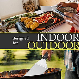 Leonyo Griddle Accessories Set of 7, Stainless Steel Metal Spatula Scraper Turner for Flat Top Grill Pan BBQ, Dishwasher Safe, 6 x Hanging Hooks