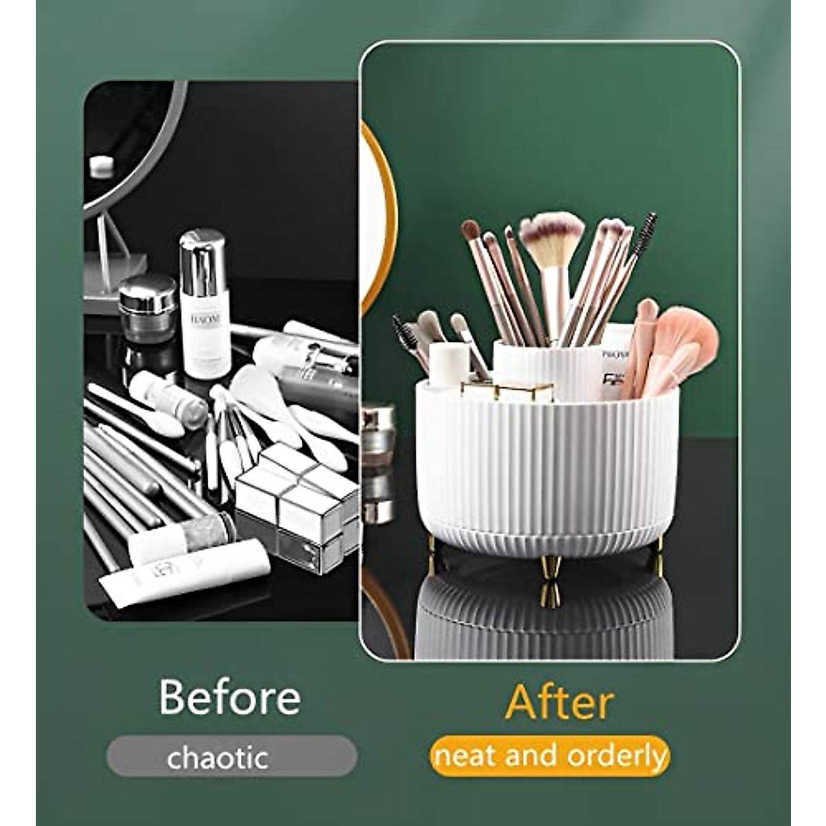 Large Capacity Makeup Brush Holder, 360° Rotating Makeup Perfume Organizer, 5 Slot Makeup Brushes Cup Tray for Vanity Decor Bathroom Countertops Cosmetic Desk Storage Container Display Case (Green)