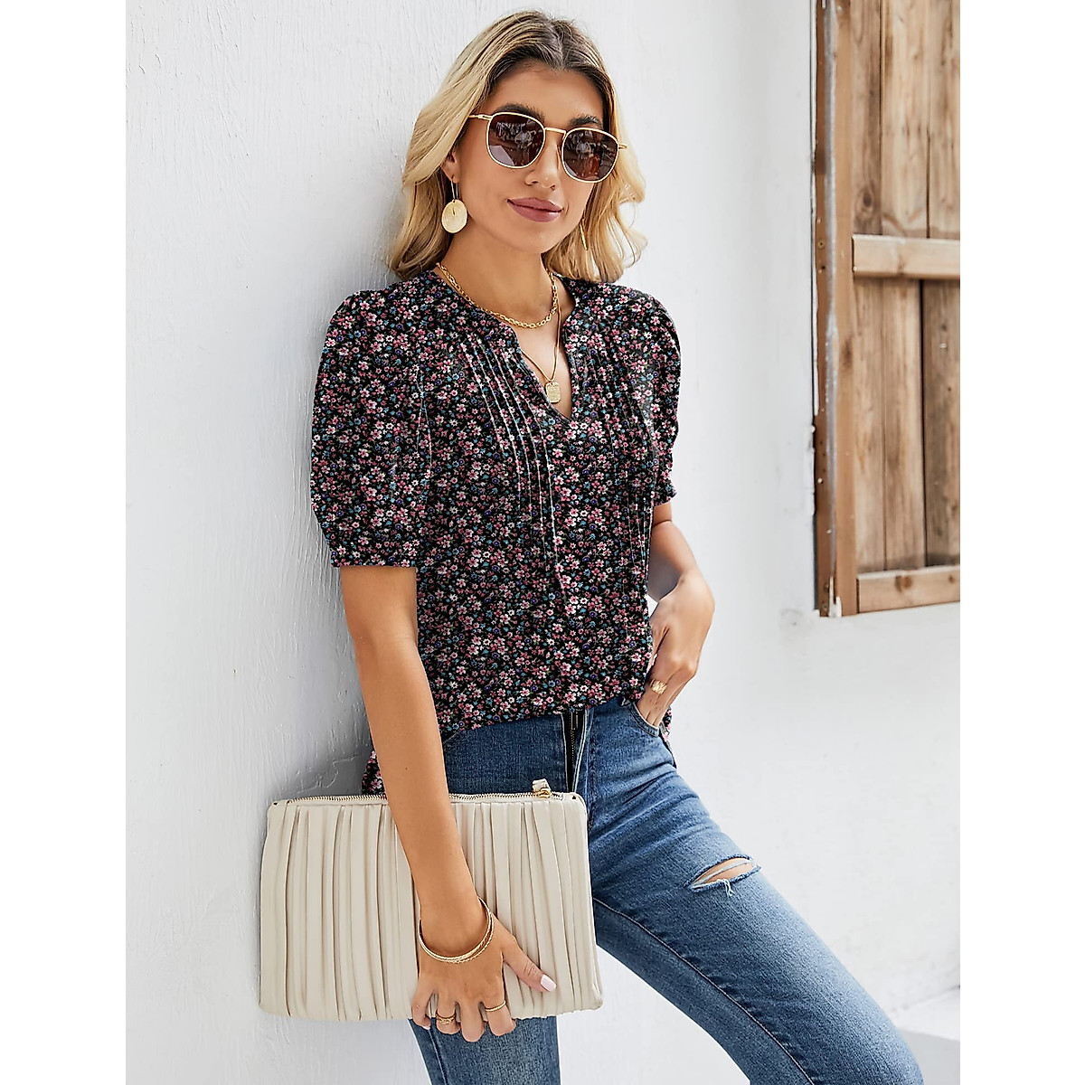 Micoson Womens Summer Pleated Blouses Loose V Neck Puff Short Sleeve Tunic Top for Leggings Floral Black Red L