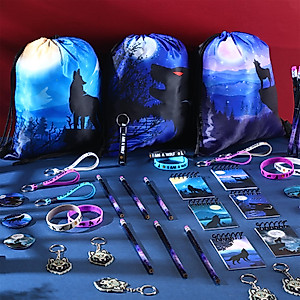 Zhanmai 90 Pcs Wolf Party Favors with Cool Wolf Bags Wolf Keychains Wolf Button Pins Mini Notebooks Rubber Bracelet Galaxy Pencils for Wolf Themed Birthday Party Baby Shower Holiday