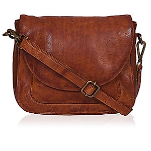 Small Vintage Look Genuine Leather Shoulder Crossbody Purse Crossover Bag for Women (Tan Wash)