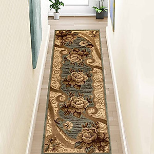 SUPERIOR Indoor 2' 7" x 8' Runner Rug with Jute Backing, Modern Floor Decor for Home Hallway, Living Room - Floor Cover, Entryway, Bedroom, Traditional Oversized Floral Border, Slate
