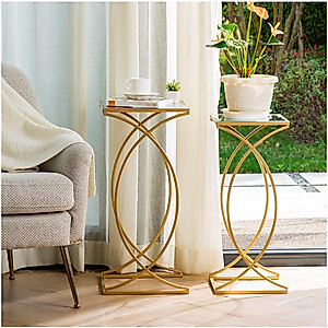 glitzhome Nesting Side Tables, Set of 2 End Tables with Metal Frame & Tempered Glass Top, Coffee Tables Decorative Accent Tables for Bedroom, Living Room, Home Office - Golden