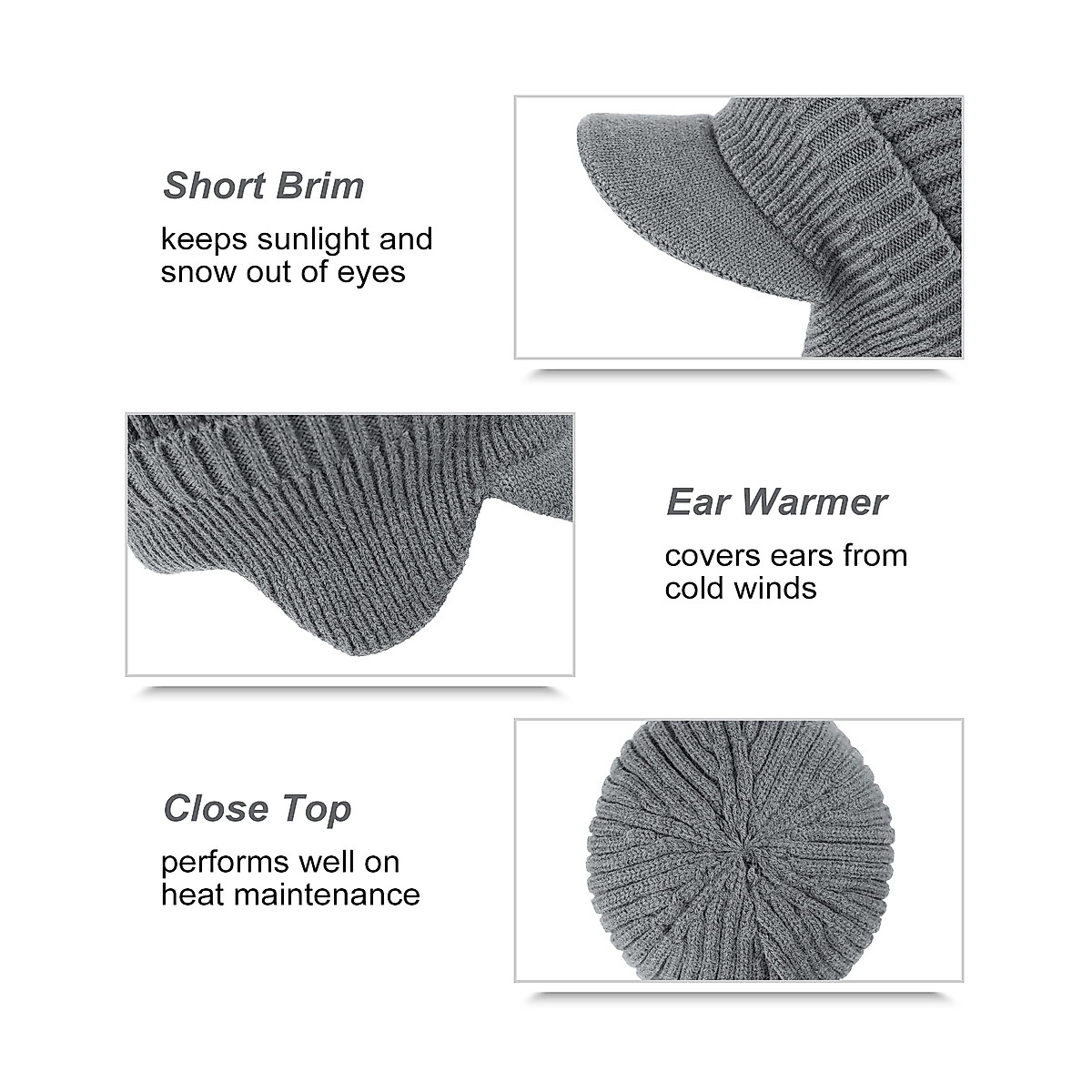 Koreshion Men's Winter Visor Beanie Hat with Earflaps Knit Baseball Cap with Brim Ski Hat Warm Fleece Lined Hunting Hat Grey