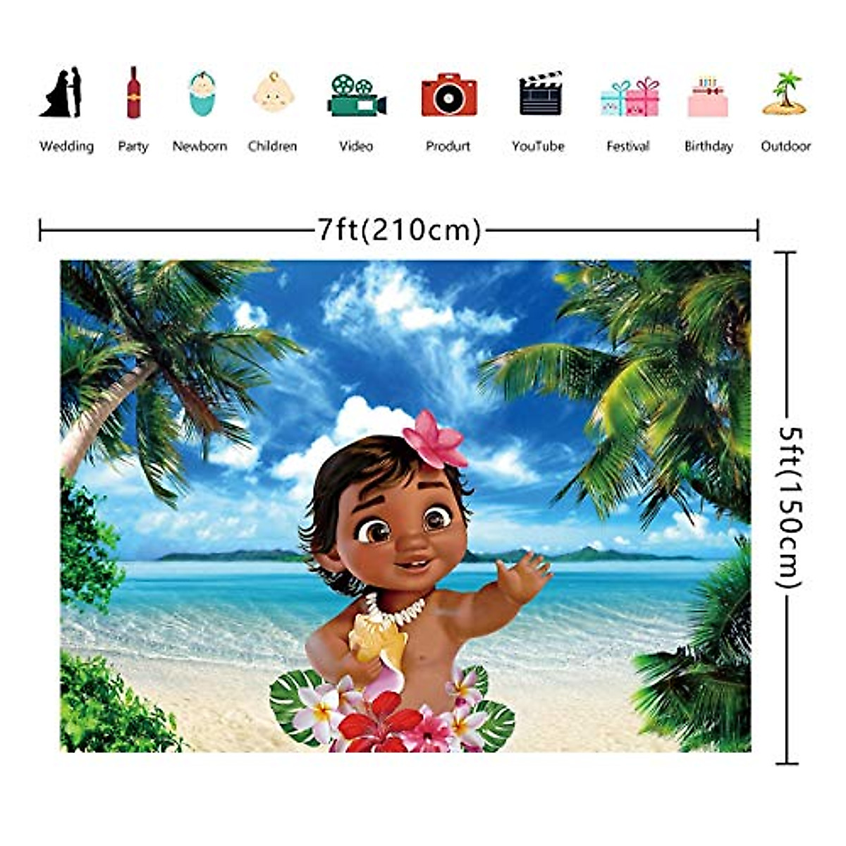 Baby Moana Backdrop Green Coco Tree Leaves Blue Ocean Photo Background Moana Themed Photography Backdrop7x5FT (7x5FT)