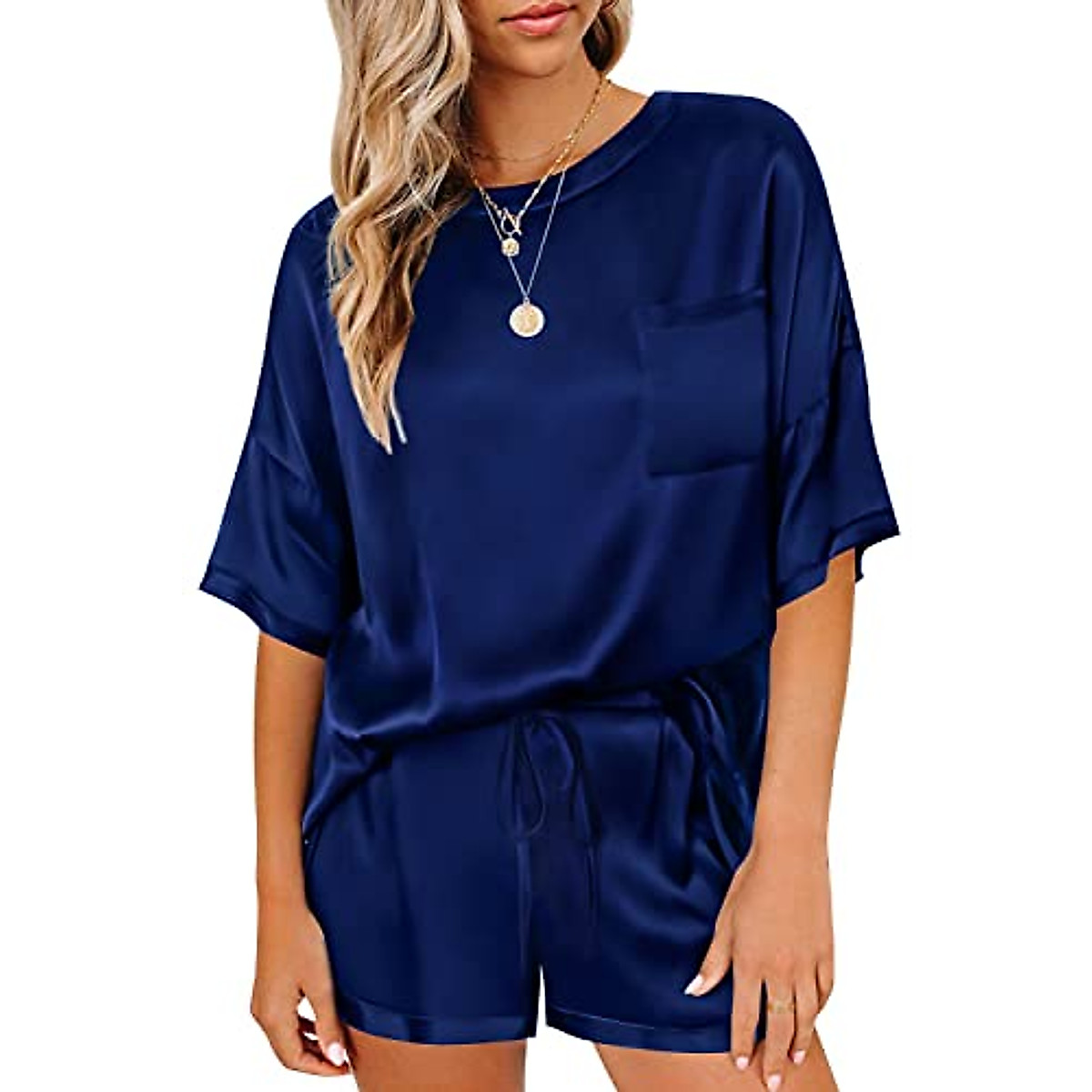SWOMOG Womens Satin Pajamas Sets Solid Short Sleeve T-Shirt Tops with Shorts Sleepwear Summer Pjs Loungewear Navy Blue