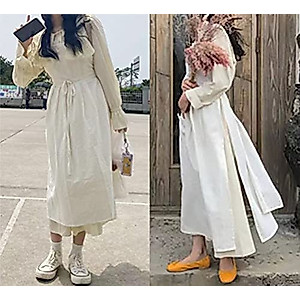 losofar Women Girls Vintage Pleated Split Apron V Neck Gardening Works Cotton Overall Smock Pinafore Dress (white, 40" L)