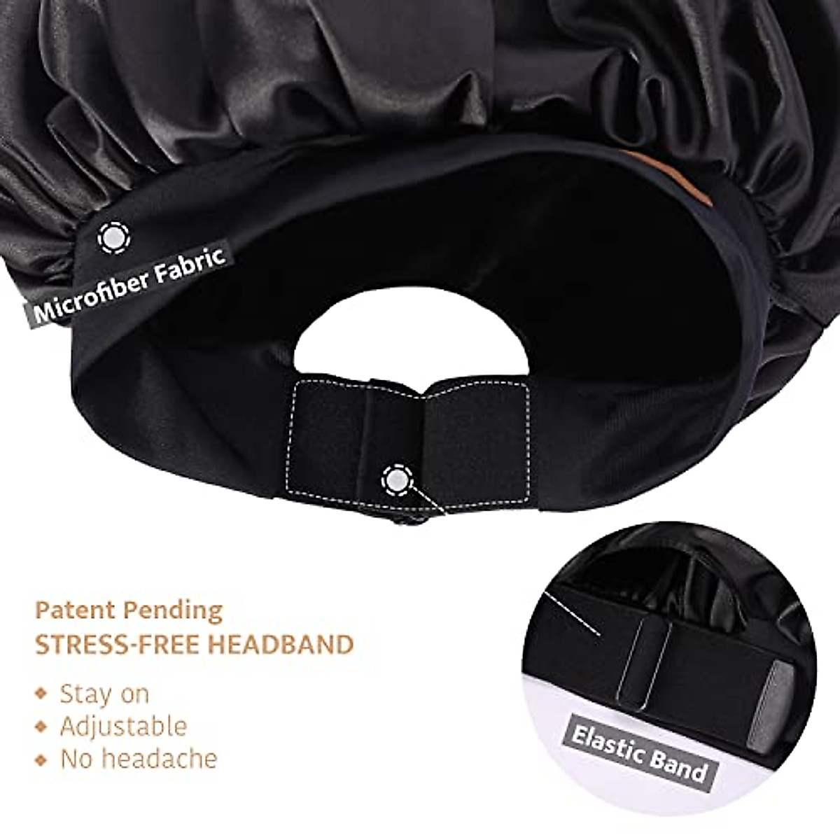 Hat Hut Satin Bonnet Silk Bonnet Sleep Cap for Women Hair Bonnet for Curly Natural Hair Sleeping Adjustable Wide Band Double Layer (Black)